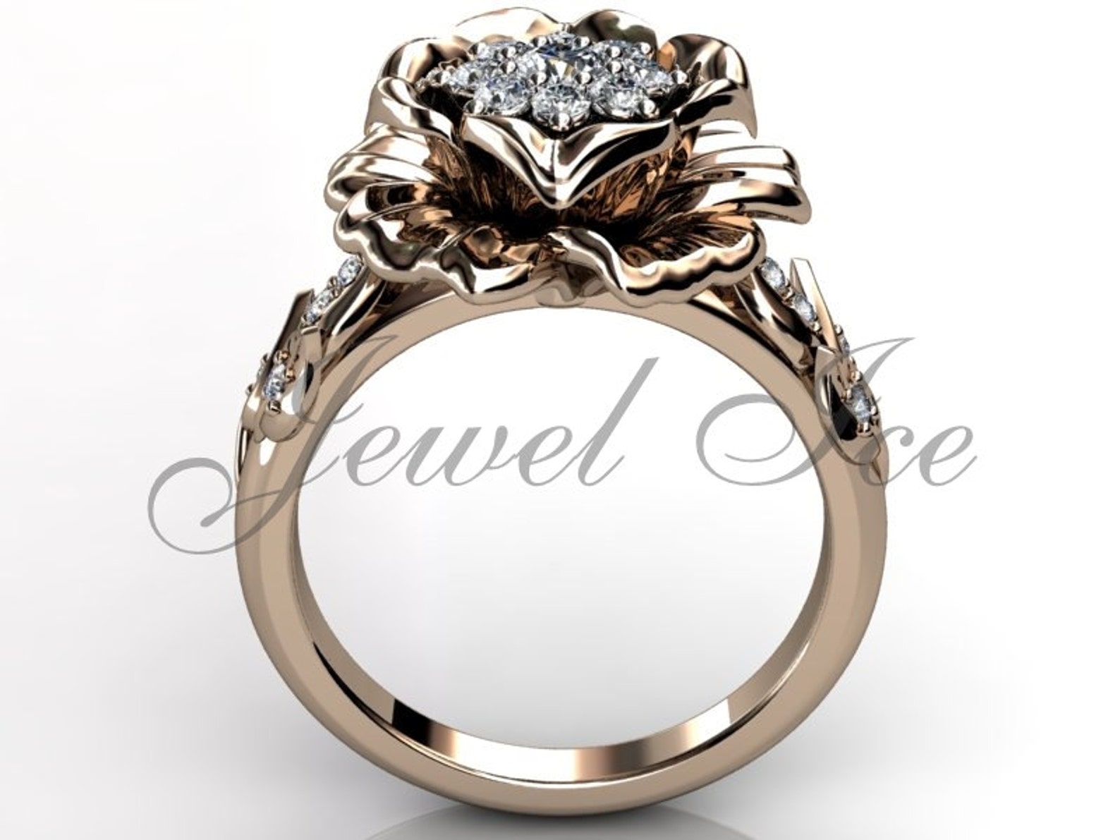 14k Rose Gold Diamond Unusual Unique Cluster Flower Engagement Ring ...