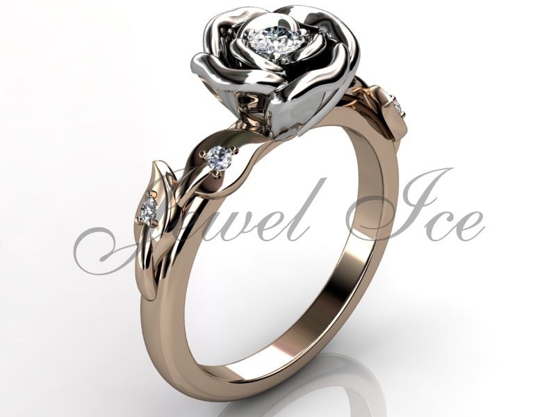 Enchanted Rose Flower Ring - 14k Rose and White Gold Beauty and the ...