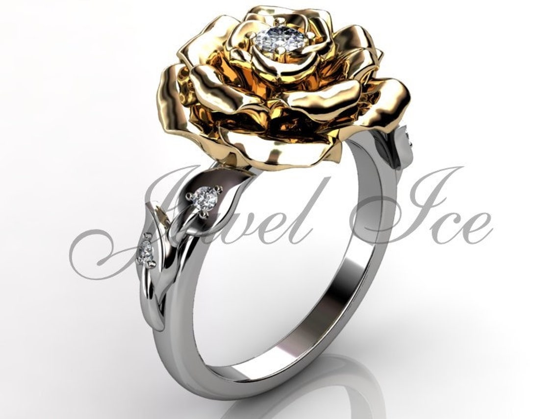 Enchanted Rose Engagement Ring 14k White and Yellow Gold - Etsy