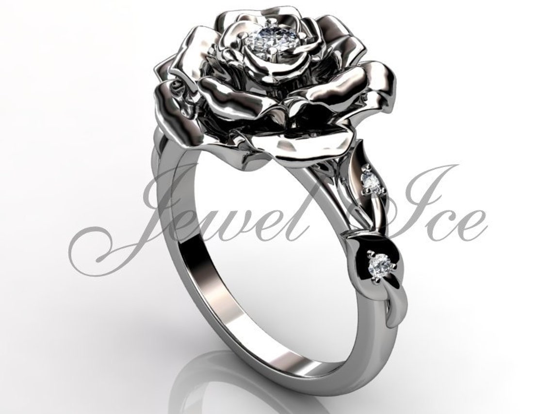 Enchanted Rose Engagement Ring - 14k White Gold Diamond Unique Flower ...