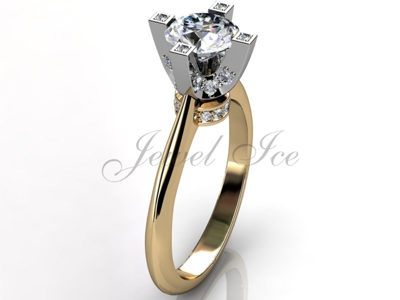 14k Two Tone Yellow and White Gold Diamond Engagement Ring, Bridal Ring ...