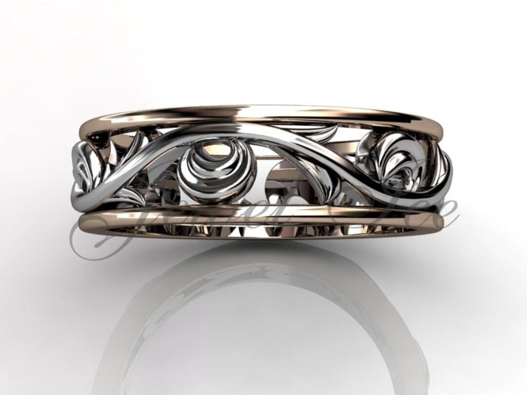 Floral Wedding Band - 14k Rose and White Gold Unusual Unique Art Deco ...