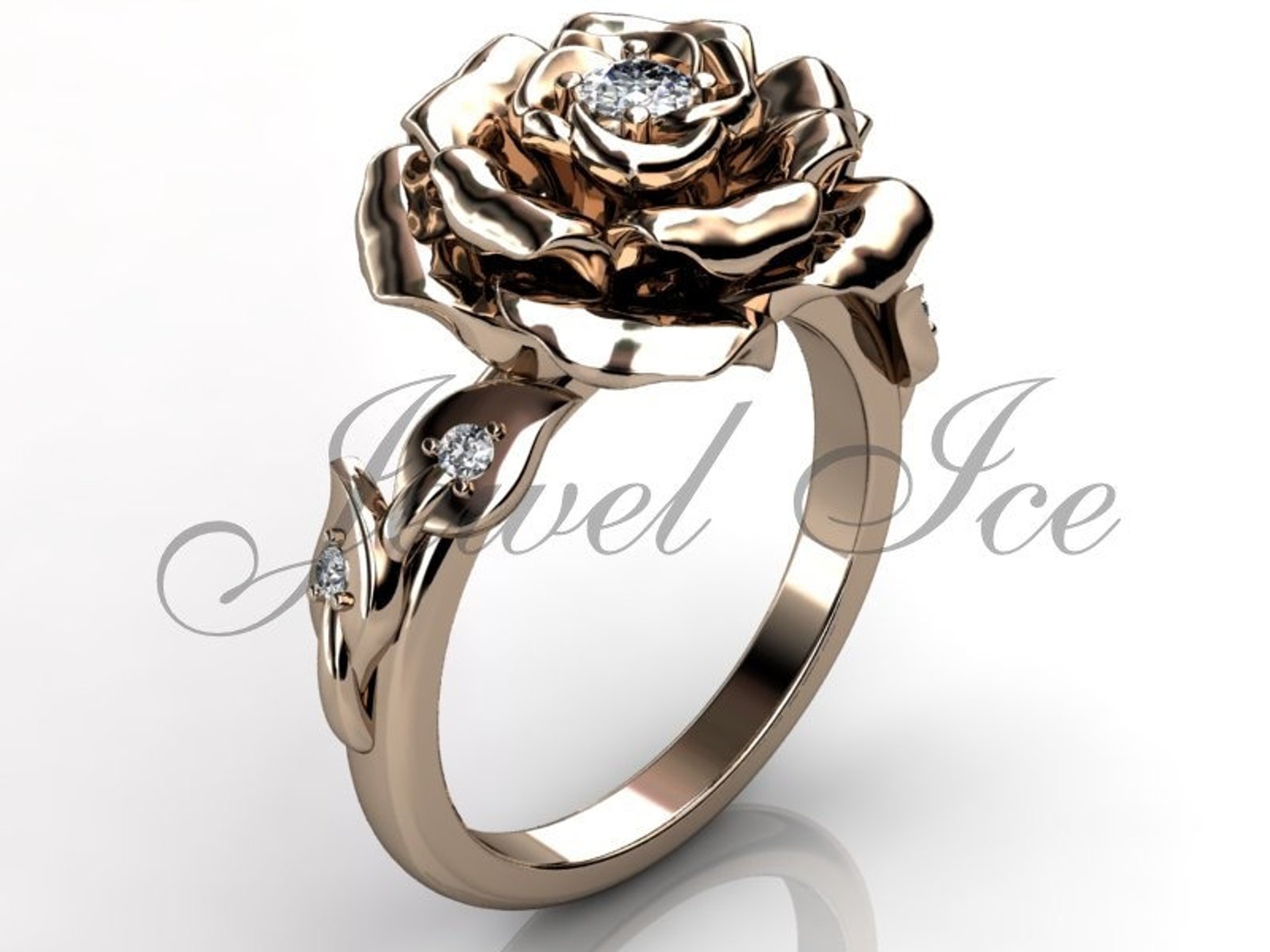 Enchanted Rose Flower Engagement Ring - 14k Rose Gold Diamond Unique ...