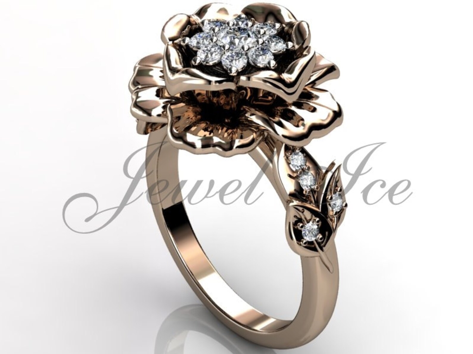 14k Rose Gold Diamond Unusual Unique Cluster Flower Engagement Ring ...