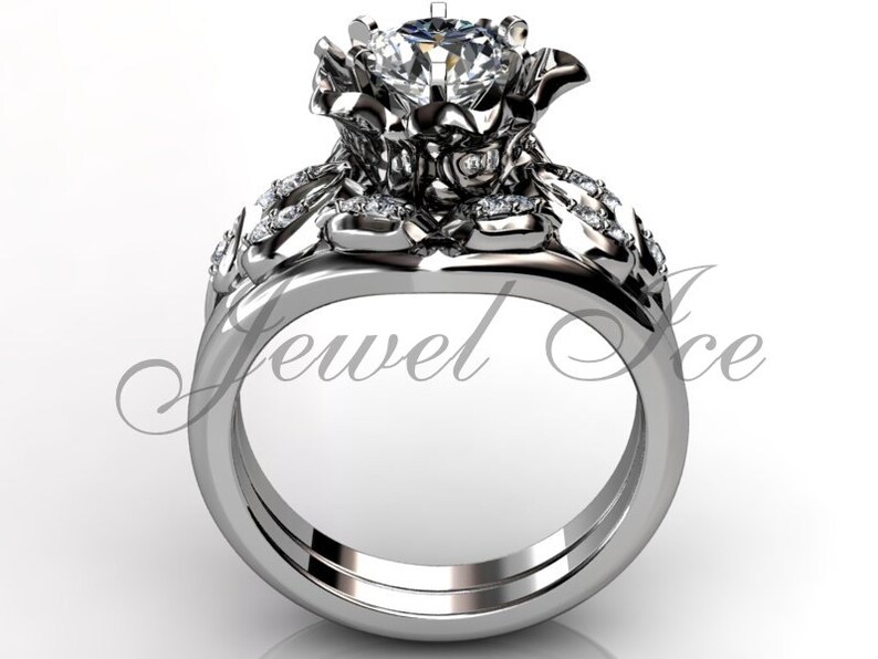 14k White Gold Diamond Unusual Unique Flower Engagement Ring - Etsy