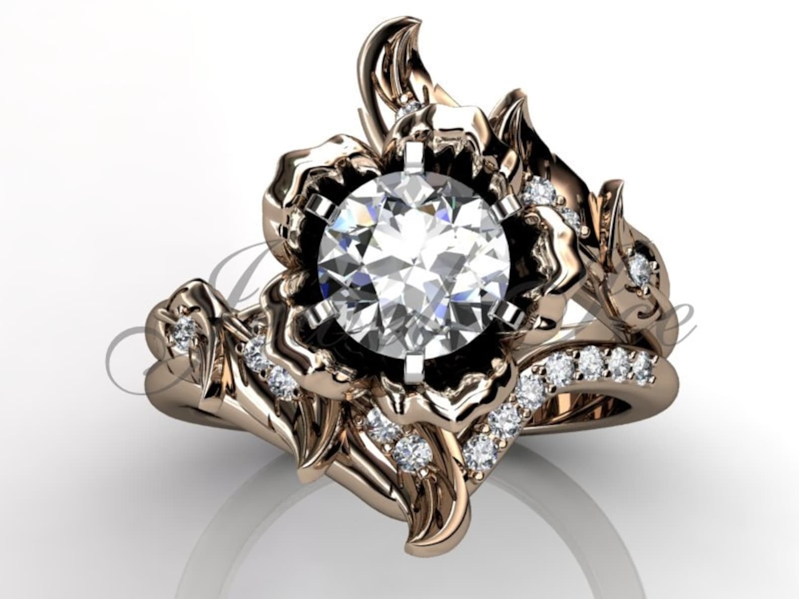 14k Rose Gold Diamond Unusual Unique Flower Engagement Ring, Bridal ...