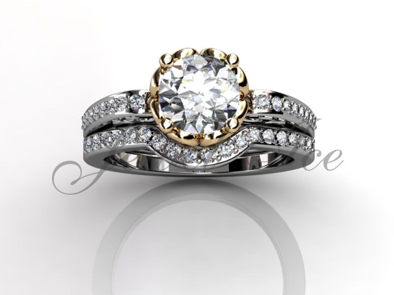 Engagement Ring Set 14k White and Yellow Gold Diamond Unique - Etsy