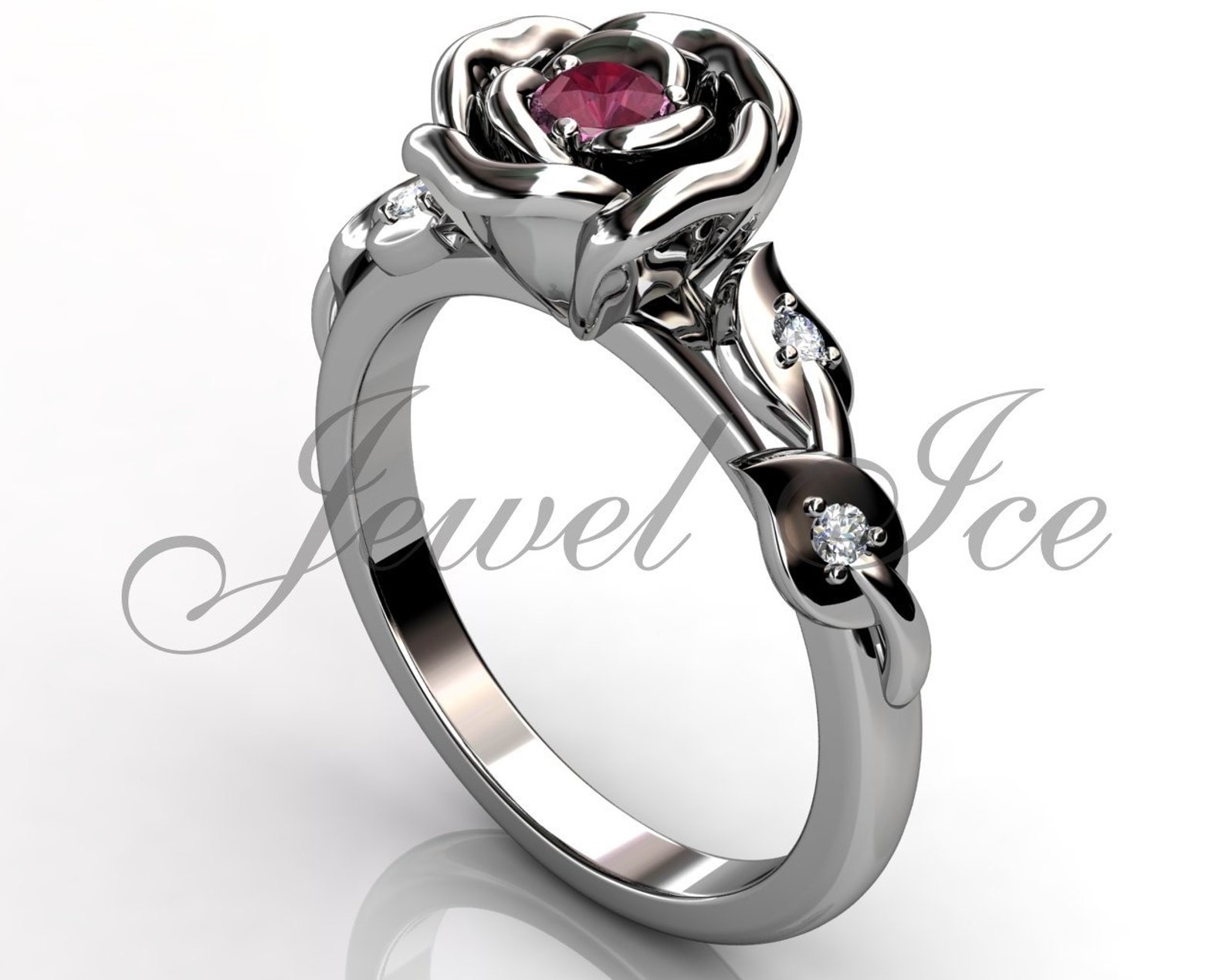 Ruby Ring - 14k White Gold Beauty and the Beast Rose Flower Ring ...