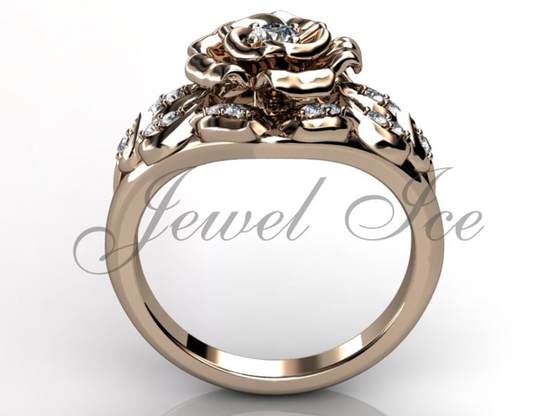 Flower Engagement Ring, 14k Rose Gold Diamond Unique Flower Engagement ...