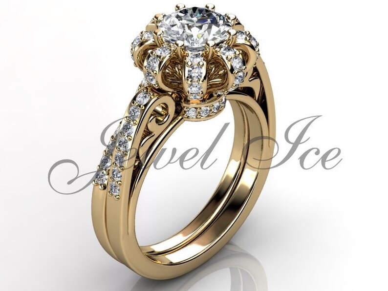 Crown Engagement Ring Set - 14k Yellow Gold Diamond Unique Art Deco ...