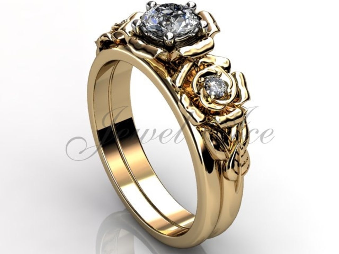 14k Yellow Gold Diamond Unusual Unique Flower Engagement Ring, Wedding ...