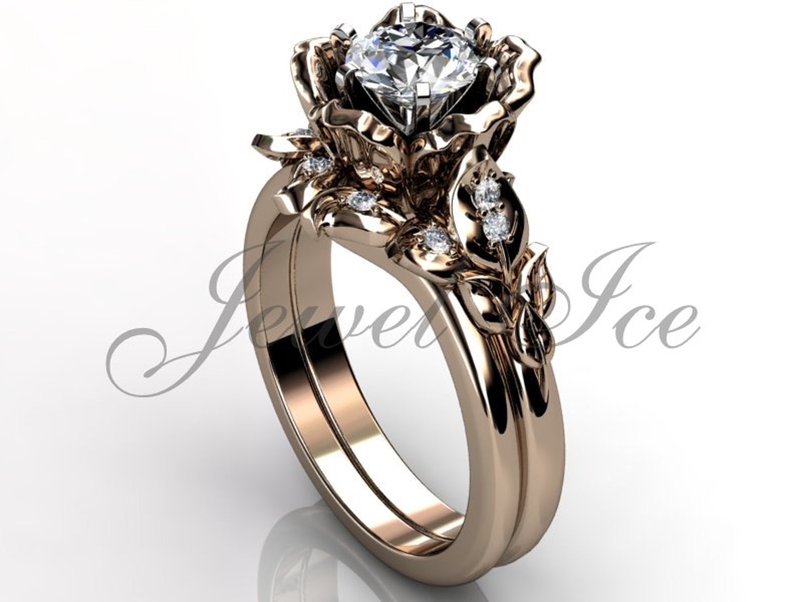 14k Rose Gold Diamond Unusual Unique Flower Engagement Ring, Wedding ...