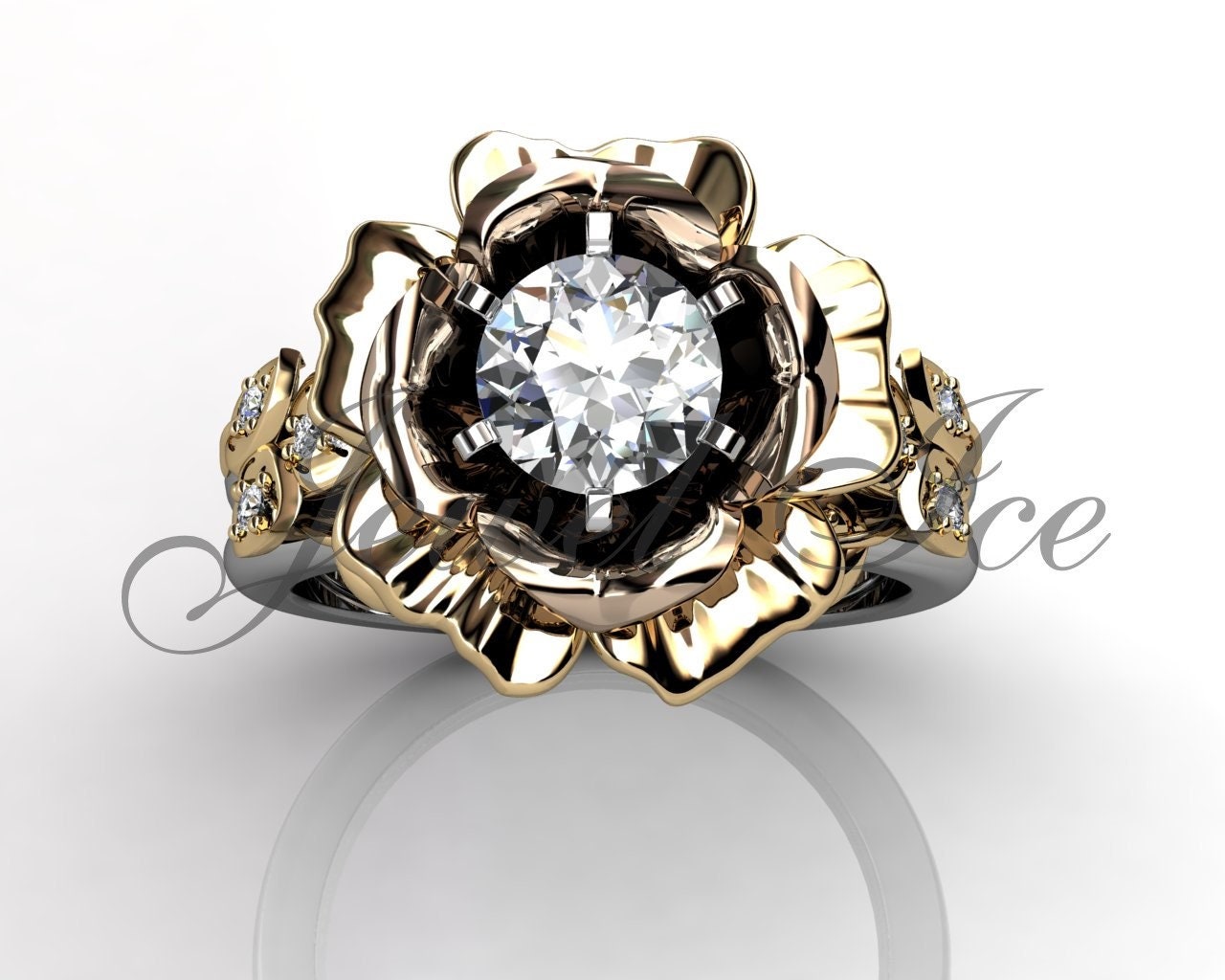 Unique Flower Engagement Ring Set White Rose and Yellow Gold | Etsy