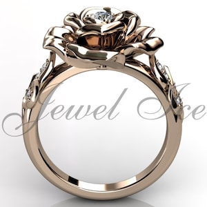 Enchanted Rose Flower Engagement Ring - 14k Rose Gold Diamond Unique ...