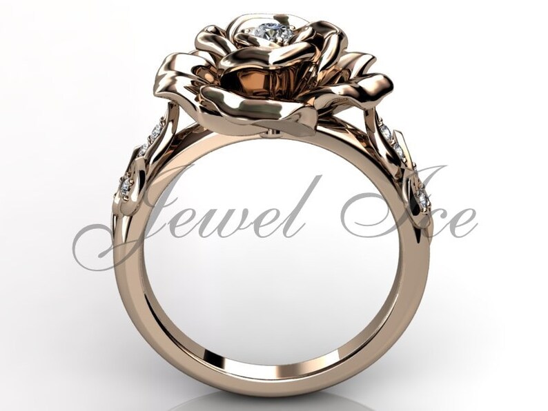 Enchanted Rose Flower Engagement Ring - 14k Rose Gold Diamond Unique ...