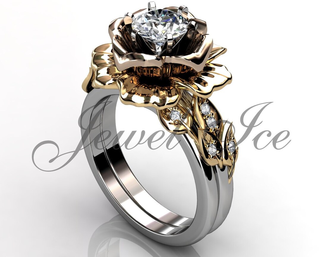 Unique Flower Engagement Ring Set, White Rose and Yellow Gold Diamond ...