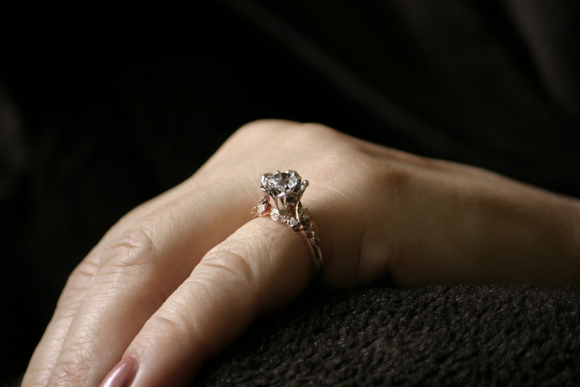 Flower Engagement Ring 14k Rose and White Gold Diamond | Etsy