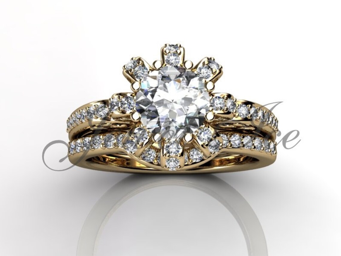 Crown Engagement Ring Set - 14k Yellow Gold Diamond Unique Art Deco ...