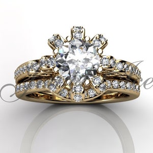 Crown Engagement Ring Set - 14k Yellow Gold Diamond Unique Art Deco ...