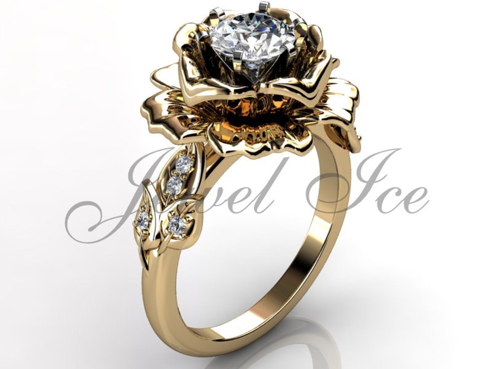 Flower Engagement Ring - 14k Yellow Gold 1ct Lab Grown Diamond Unique ...