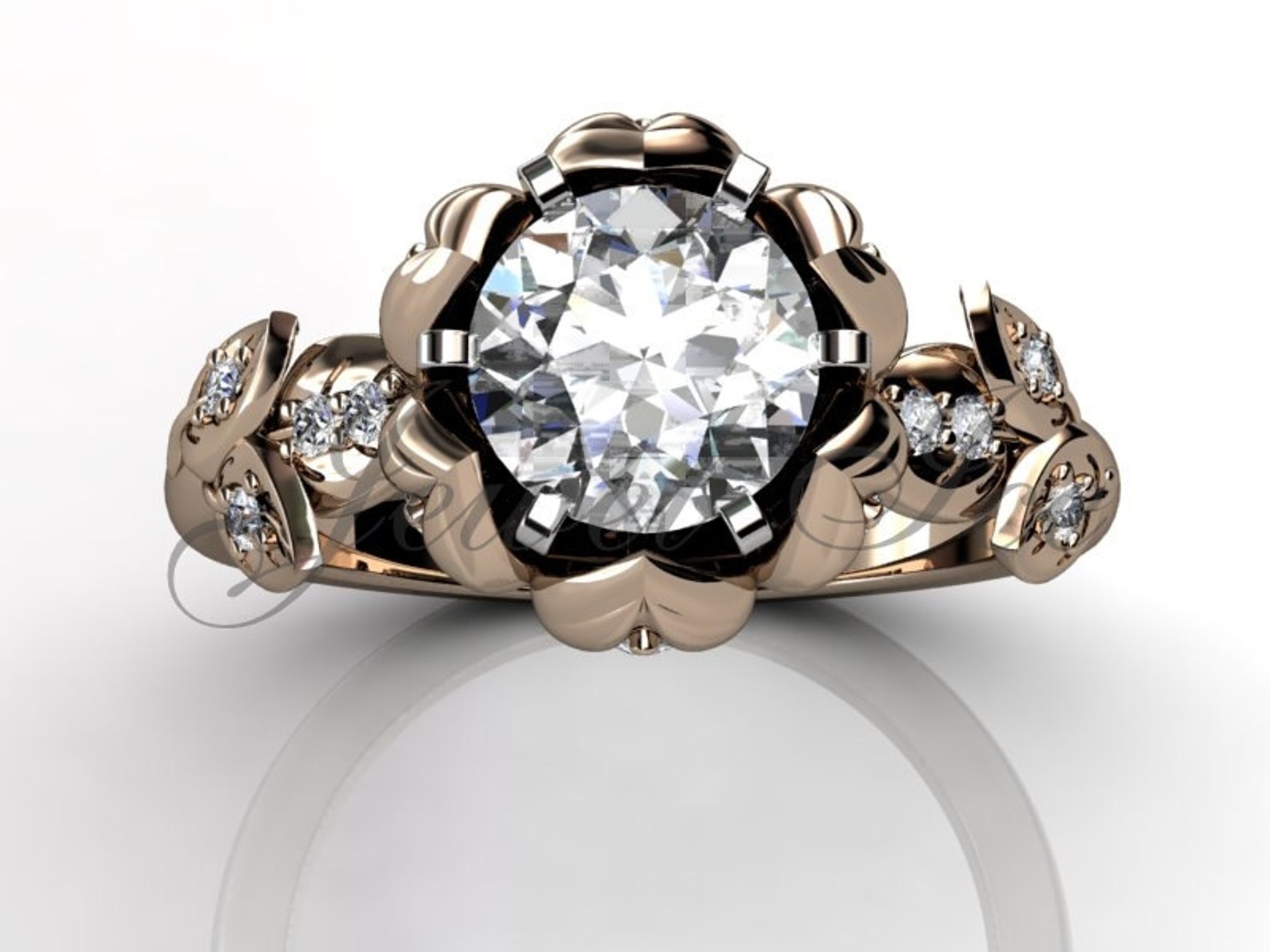 Lotus Flower Engagement Ring - 14k Rose Gold Diamond Unusual Unique ...