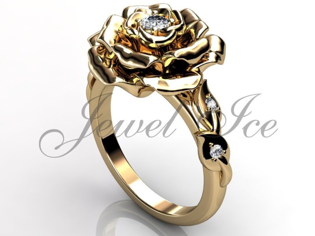 Enchanted Rose Engagement Ring - 14k Yellow Gold Diamond Unique Flower ...