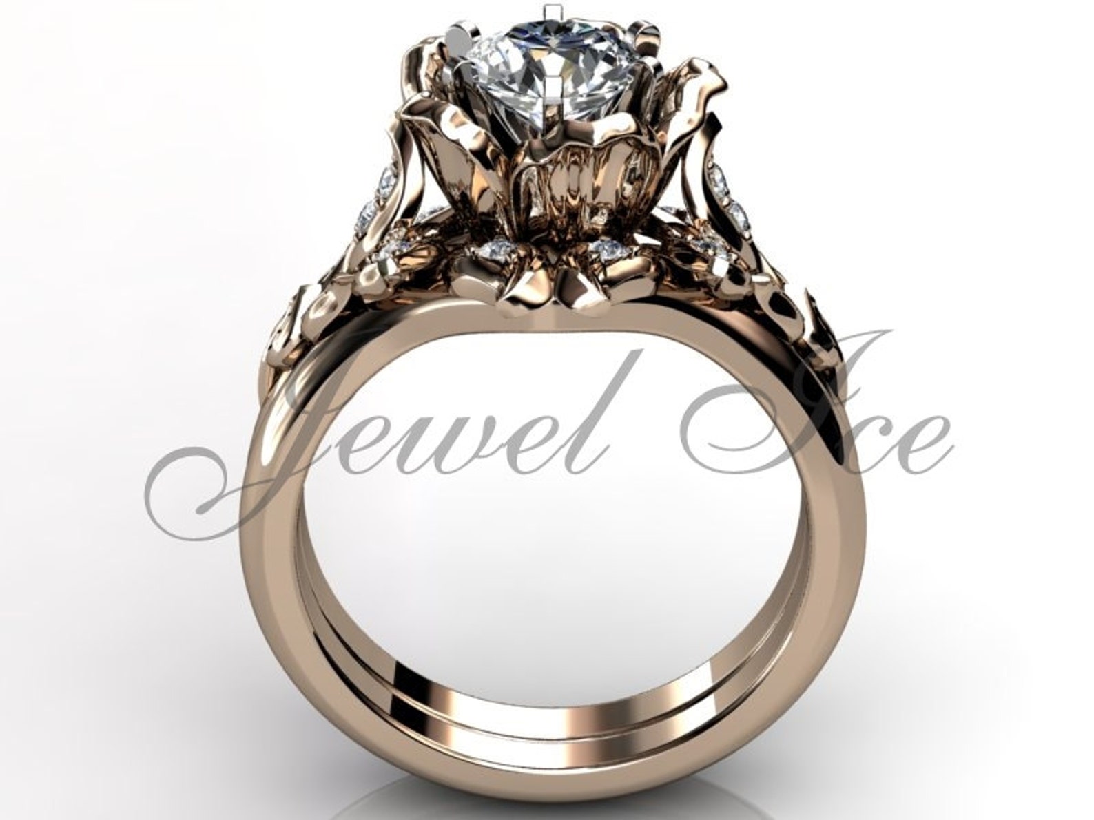 14k Rose Gold Diamond Unusual Unique Flower Engagement Ring, Wedding ...