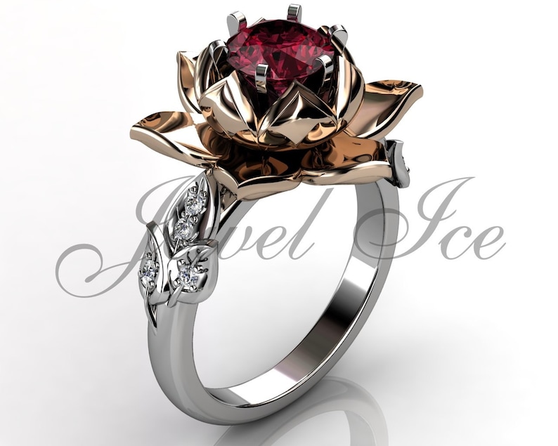 Lotus Flower Ruby Engagement Ring 14k White Rose Gold Lotus | Etsy
