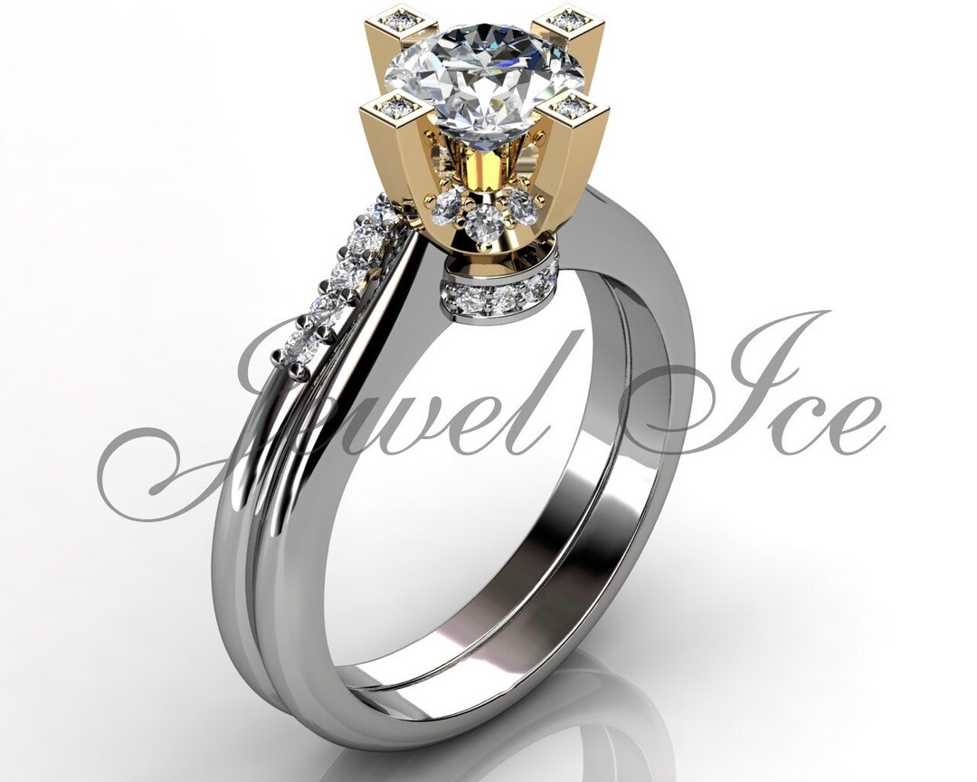 14k White and Yellow Gold Engagement Ring and Wedding Band - Etsy