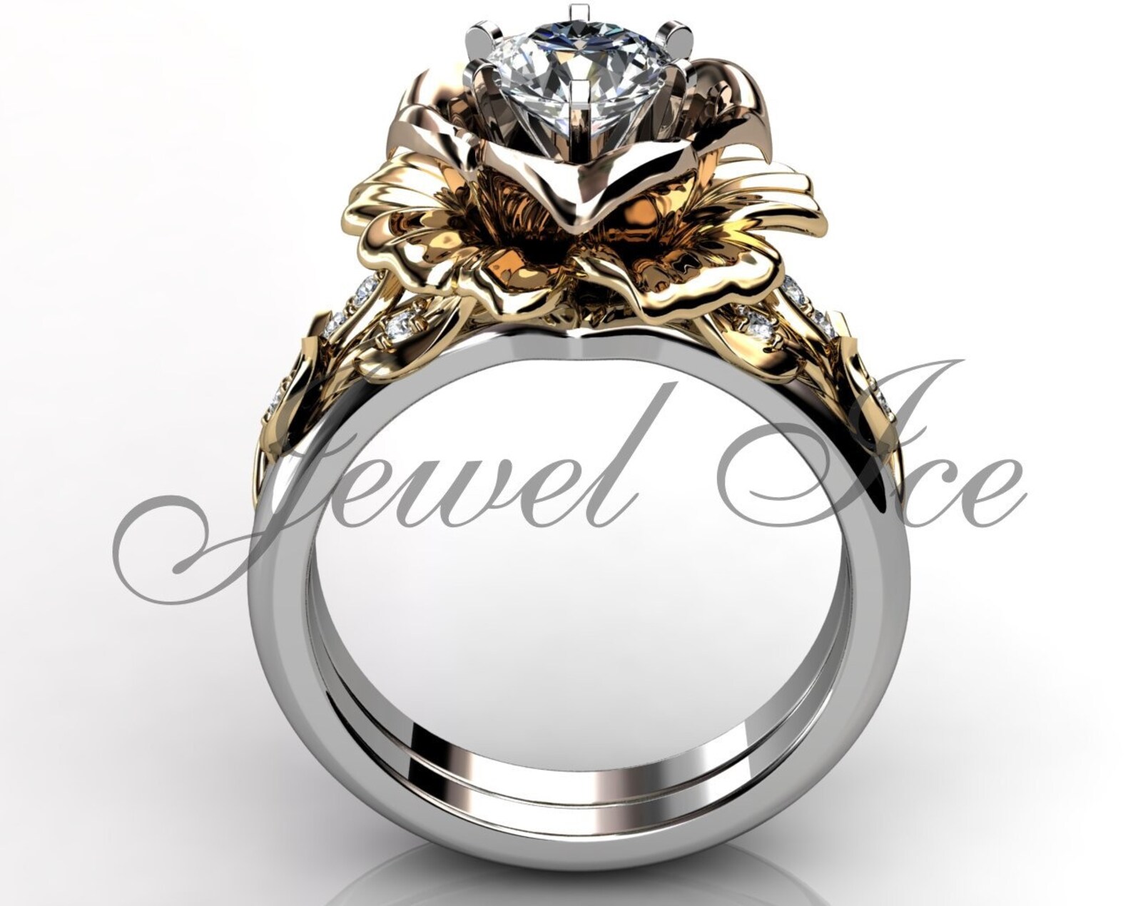 Unique Flower Engagement Ring Set White Rose and Yellow Gold - Etsy