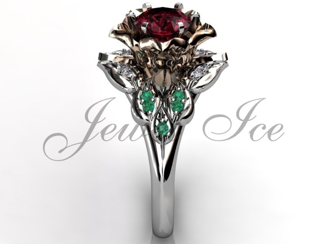 Ruby Emerald & Diamond Engagement Ring, 14k White and Rose Gold Unique ...