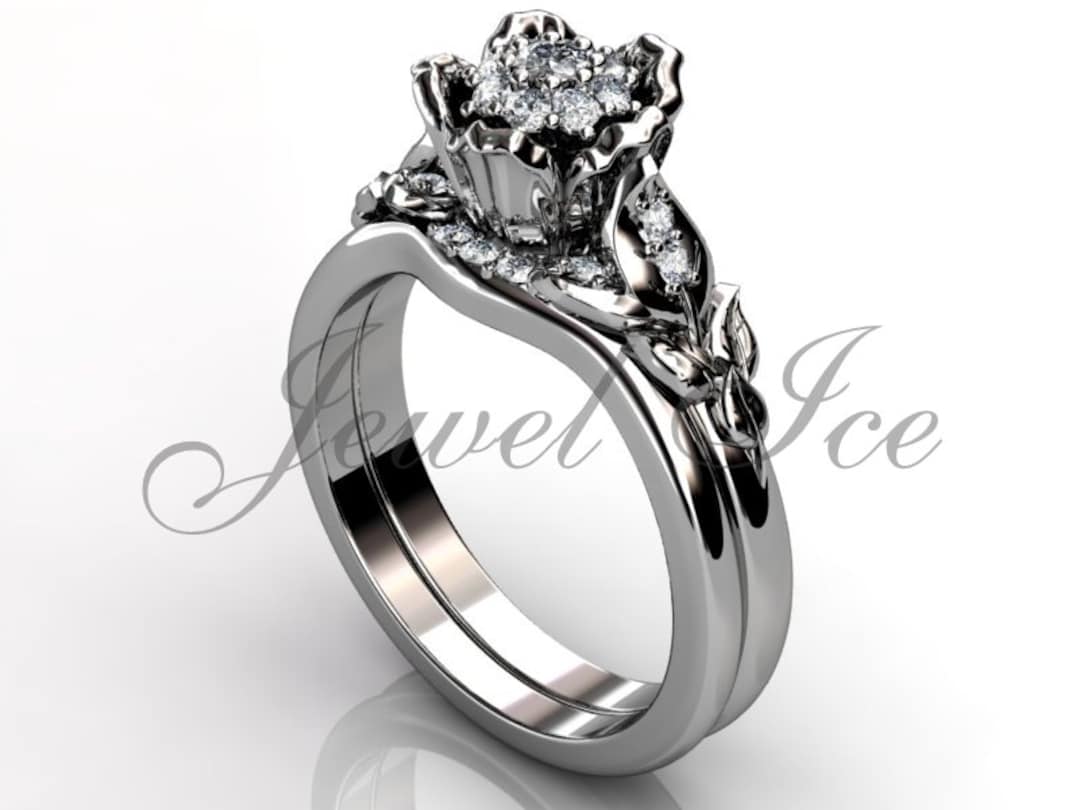 Flower Engagement Ring Set Platinum Diamond Cluster Setting Unique ...