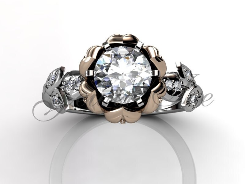 Lotus Flower Engagement Ring - 14k White and Rose Gold Diamond Unique ...