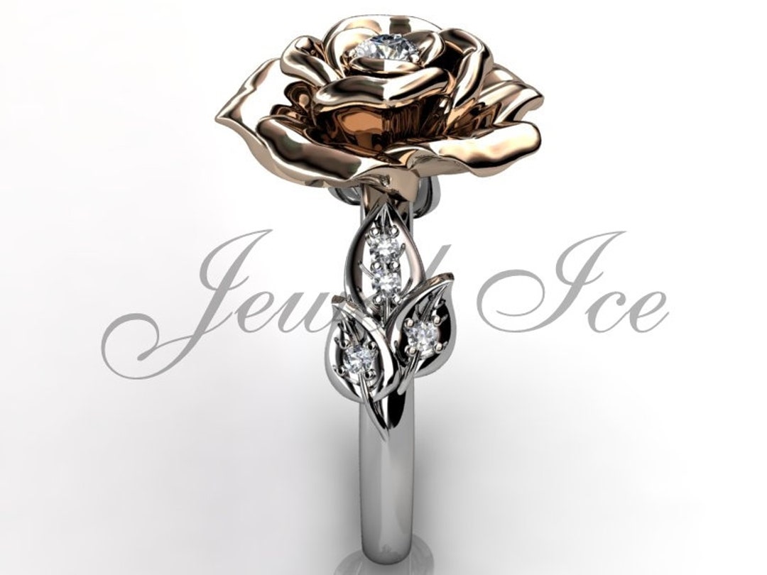 Enchanted Rose Engagement Ring - 14k White and Rose Gold Diamond Flower ...