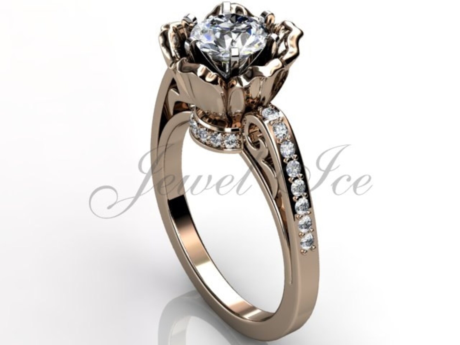 14k Rose Gold Diamond Unusual Unique Flower Engagement Ring, Bridal ...