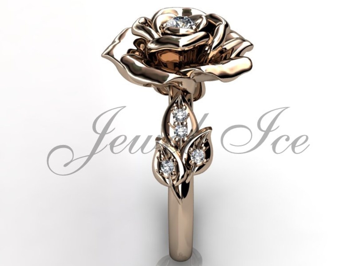Enchanted Rose Flower Engagement Ring - 14k Rose Gold Diamond Unique ...