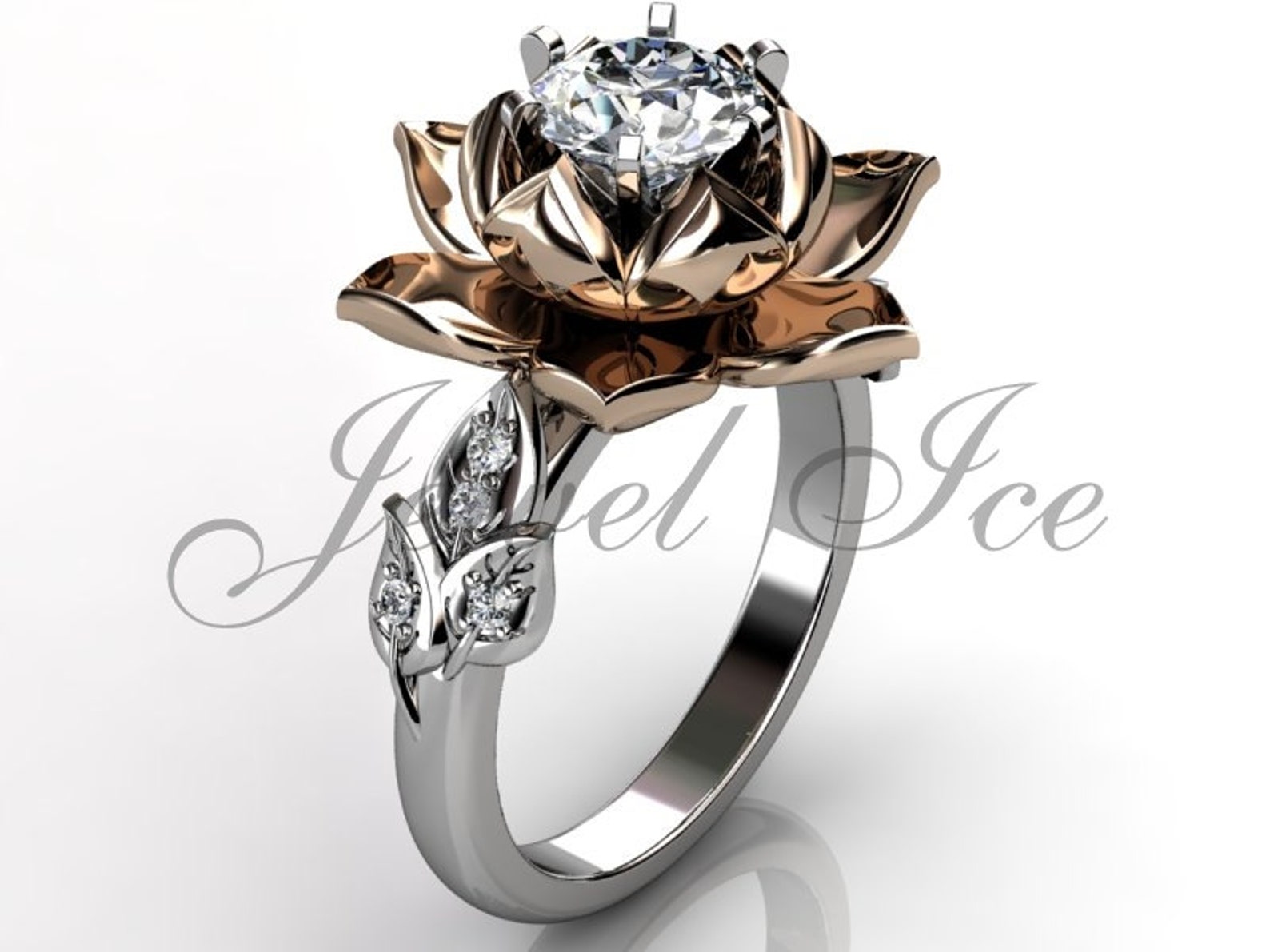 Lotus Flower Engagement Ring - 14k White and Rose Gold 1ct Lab Grown ...