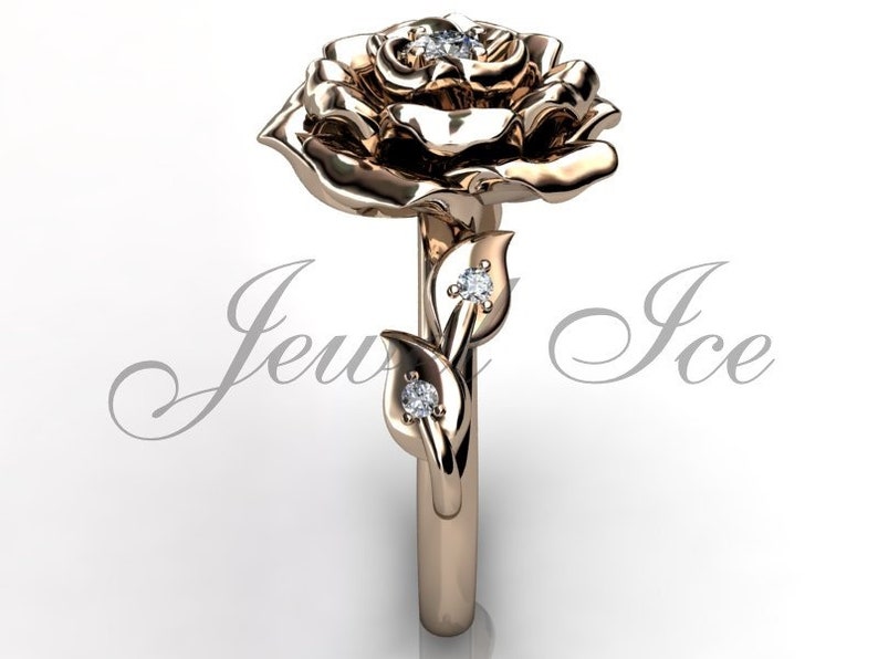 Enchanted Rose Flower Engagement Ring - 14k Rose Gold Diamond Unique ...
