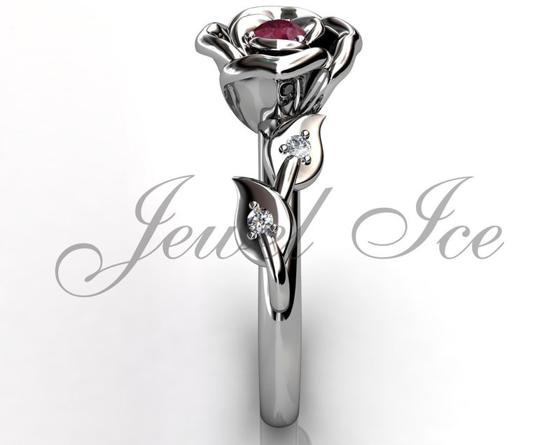 Ruby Ring - 14k White Gold Beauty and the Beast Rose Flower Ring ...