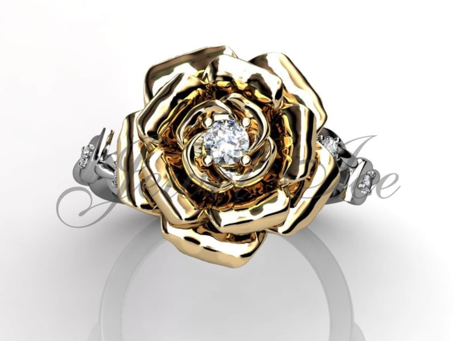 Enchanted Rose Engagement Ring 14k White and Yellow Gold - Etsy