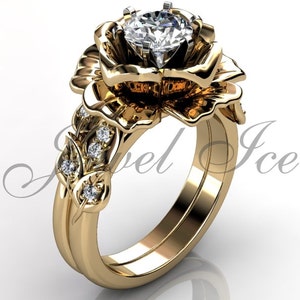 14k Yellow Gold Diamond Unusual Unique Flower Engagement Ring, Floral ...