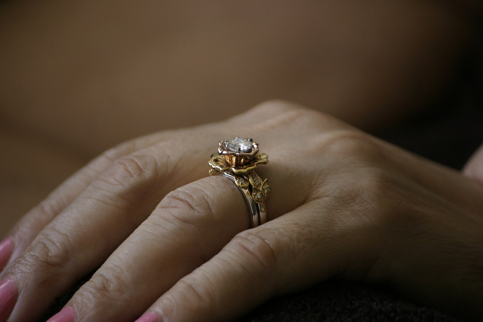 Unique Flower Engagement Ring Set White Rose and Yellow Gold - Etsy