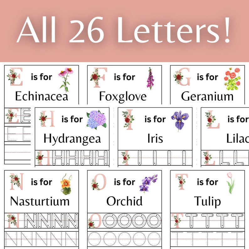 Floral Watercolor Alphabet Tracing Pages A-Z Writing Practice ...