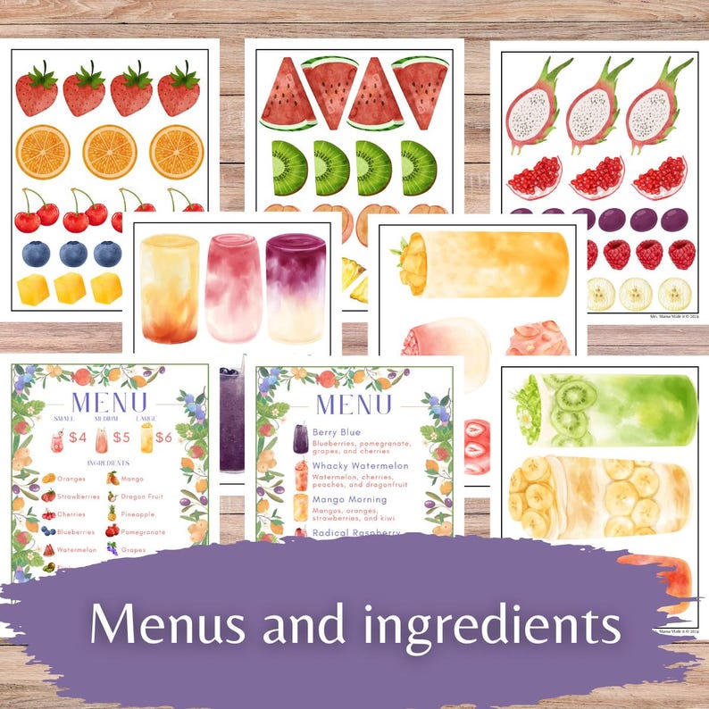 Smoothie Bar Pretend Play Printable Kit W/ Menus, Ingredients, Signs ...