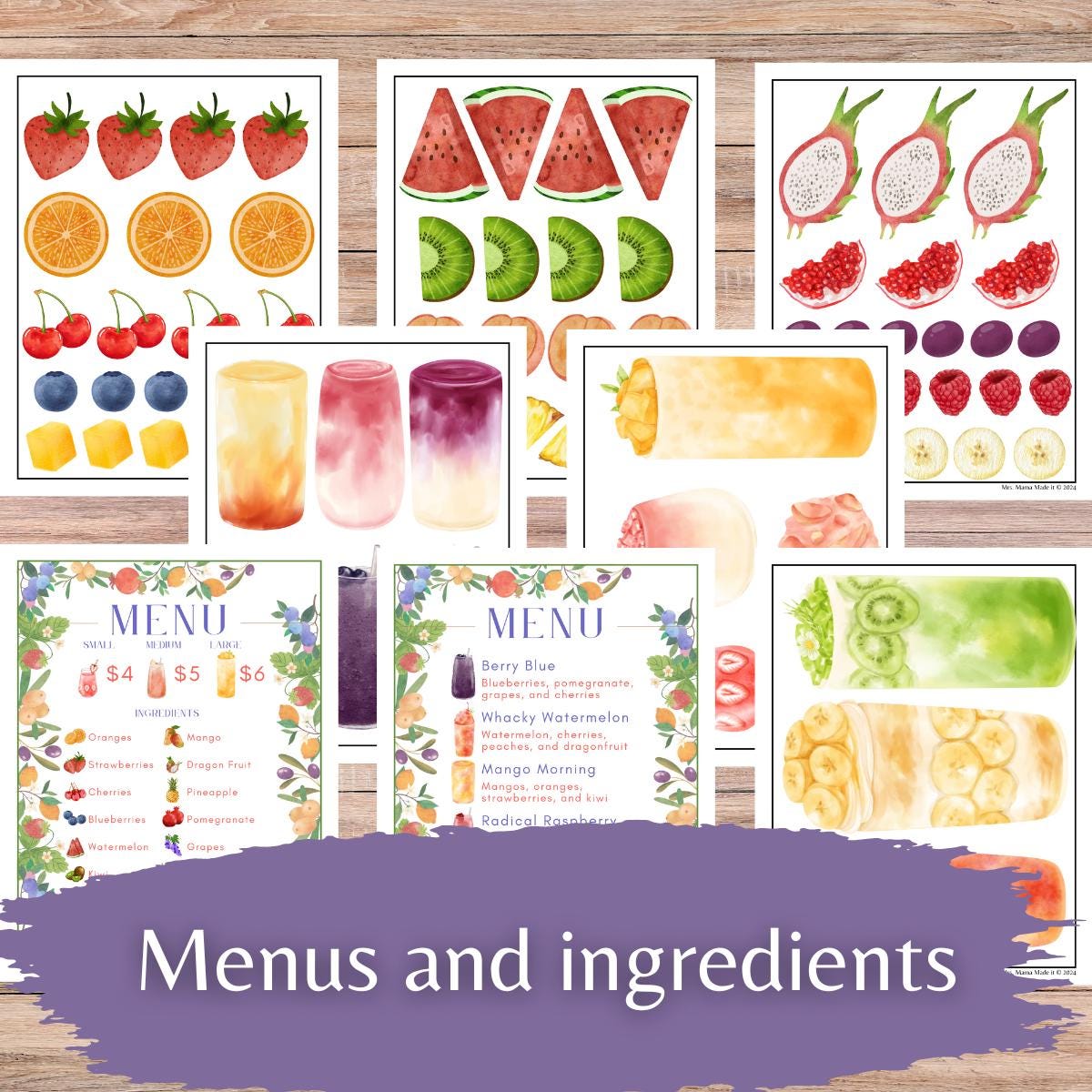 Smoothie Bar Pretend Play Printable Kit W/ Menus, Ingredients, Signs ...