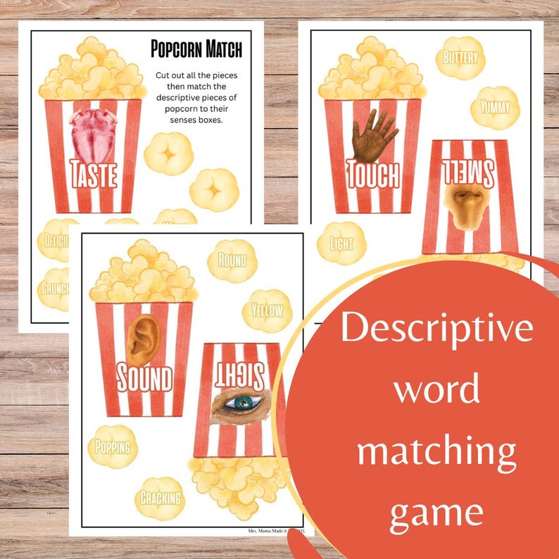 Popcorn 5 Senses Activity: Montessori Homeschool Game & Worksheet ...