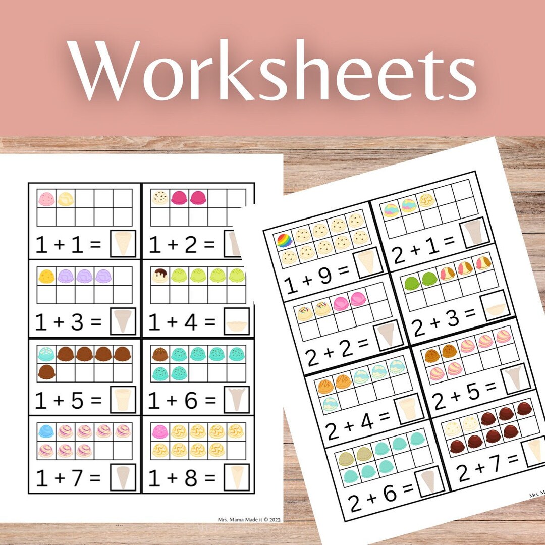 Ice Cream 10 Frame Addition Worksheets or Flashcards for Basic Math ...