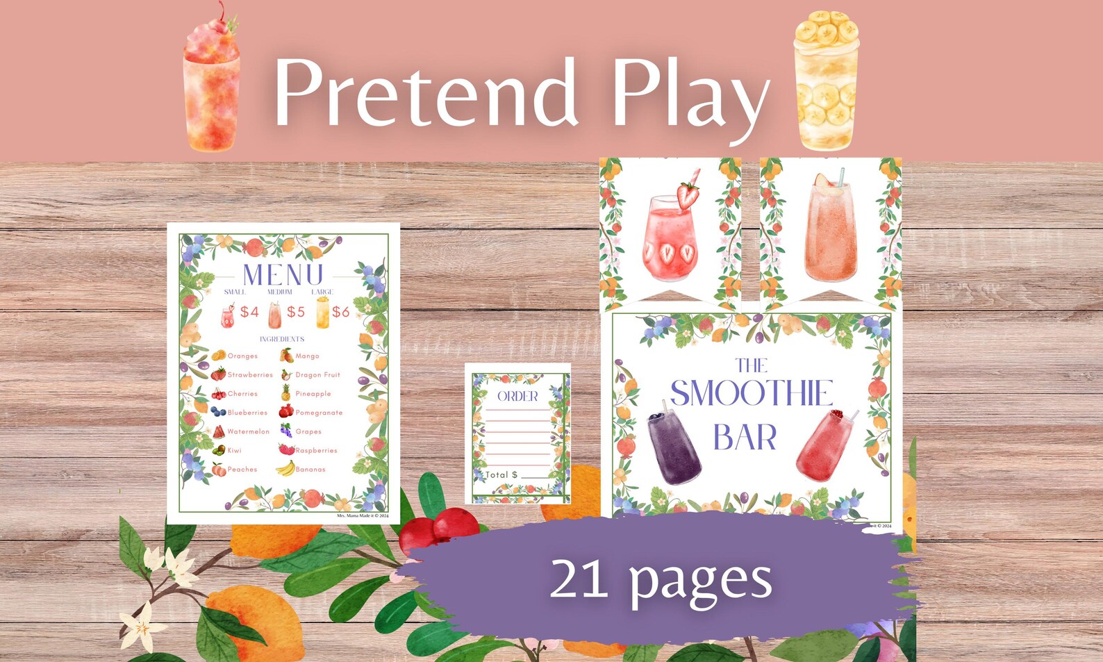 Smoothie Bar Pretend Play Printable Kit W/ Menus, Ingredients, Signs ...
