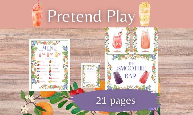 Smoothie Bar Pretend Play Printable Kit W/ Menus, Ingredients, Signs ...
