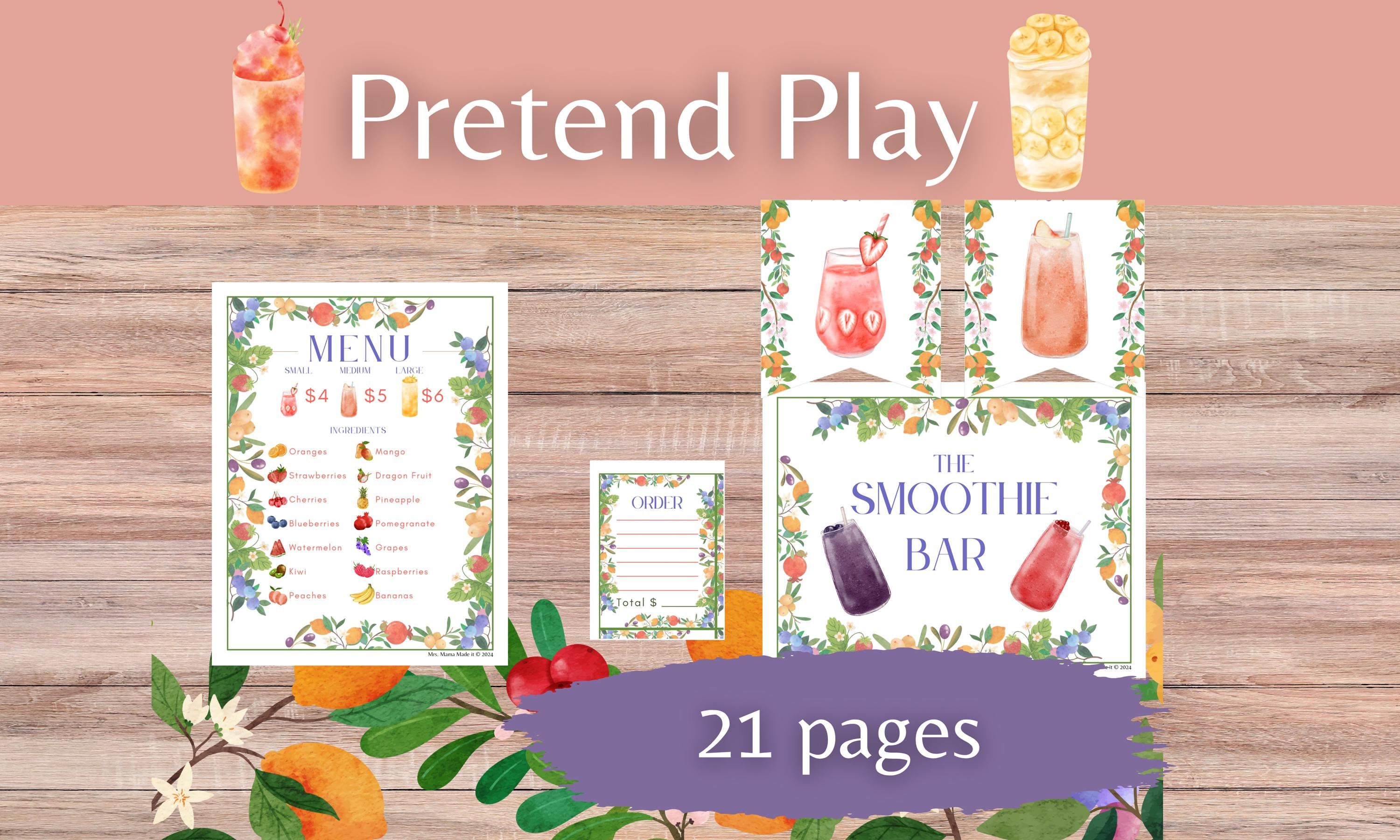 Smoothie Bar Pretend Play Printable Kit W/ Menus, Ingredients, Signs ...